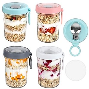 Quald Overnight Oats Containers with Lids, Folding Spoons and Divided Compartments for Fruit (4 Pack)