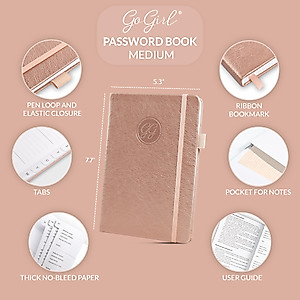GoGirl Password Book with Alphabetical tabs – Internet Address & Password Keeper Logbook for Password Organization, Journal Notebook for Saving Website Logins. Medium Size 5.3″ x 7.7″, Rose Gold