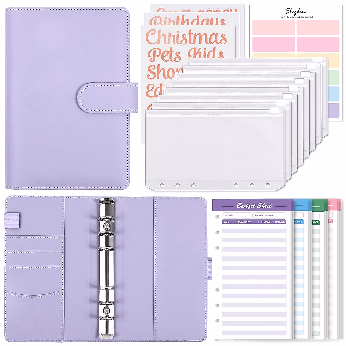 SKYDUE A6 Budget Binder,Money Organizer for Cash with 8pcs Zipper Envelopes,12pcs Expense Budget Sheets & 24 Rose Gold Sticky Labels,Money Saving Binder for Budgeting