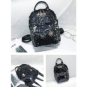 ZLMBAGUS Girls Shining Sequin Faux Leather Backpack Glittery Satchel Fashion Top Handle Shoulder Bag Daypack Purse Black