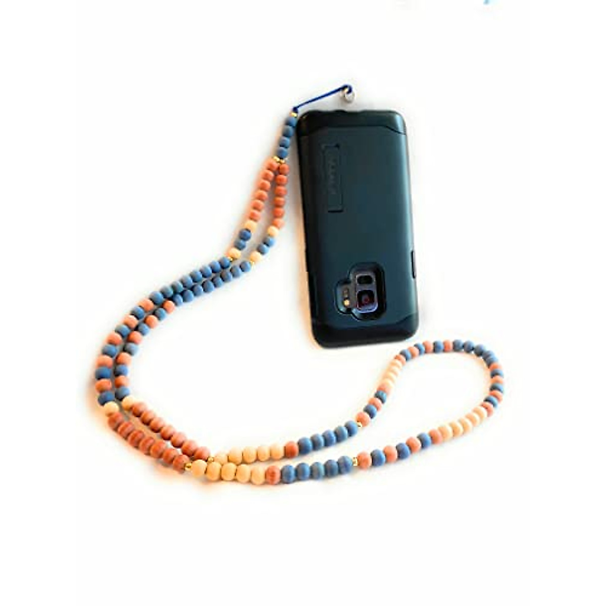 Wooden beaded phone chain lanyard gift for women stocking stuffer (Blue with Universal Tab)