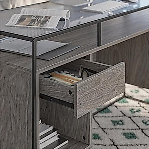 Ameriwood Home Camley Modern 2-Drawer Desk with Fluted Glass Top, Gray Oak