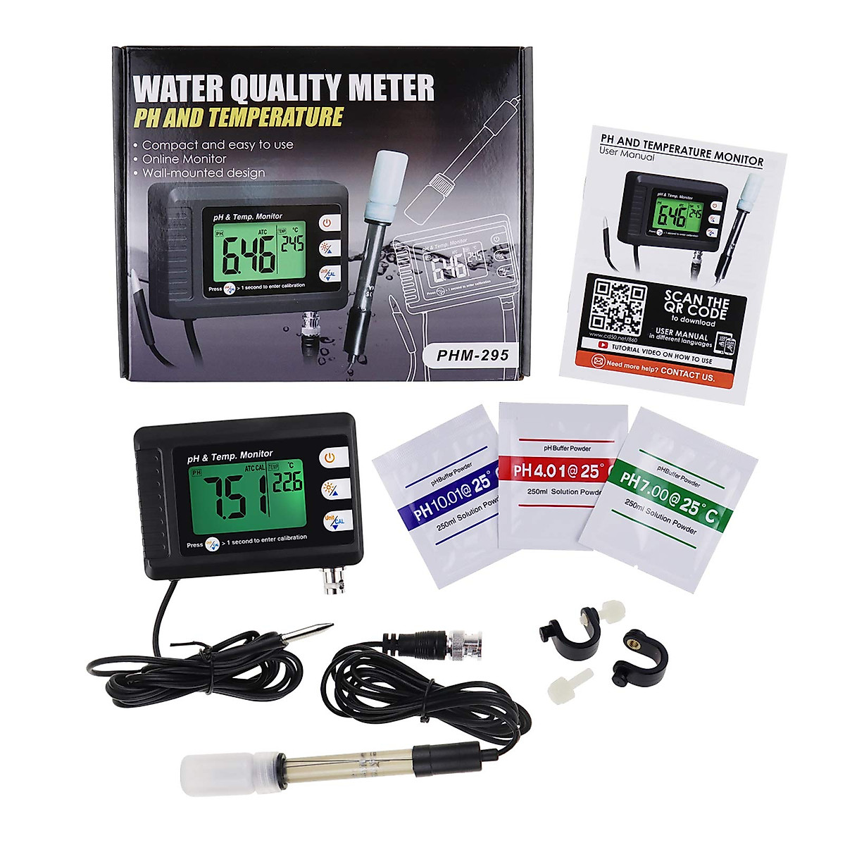 Digital Combo pH & Temperature Meter, Aquarium Thermometer pH Monitor with Automatic Calibration Function for Fish Tank Hydroponics Aquaculture Laboratory