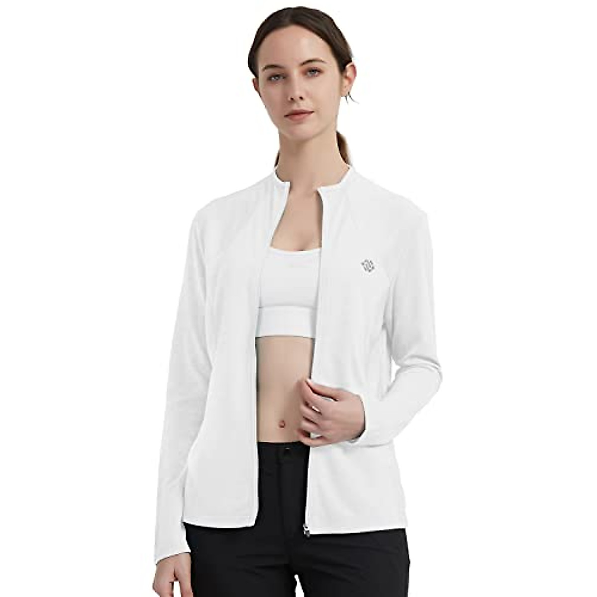 MoFiz Women's Full Zip Hiking Shirt Lightweight UPF 50+ Sun Protection Running Jacket Long Sleeve Sports Outdoor Top Pockets White XL