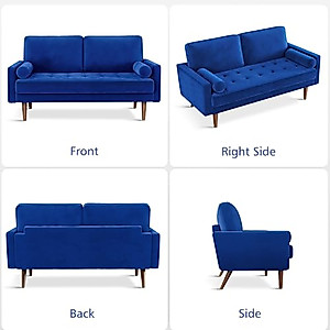 Vesgantti 58 inch Loveseat Sofa, 2 Seater Sofa for Small Space, Button Tufted Blue Velvet Couch with 2 Pillows, Mid Century Modern Couch w/Armrest, Small Couches for Living Room, Bedroom, Apartment