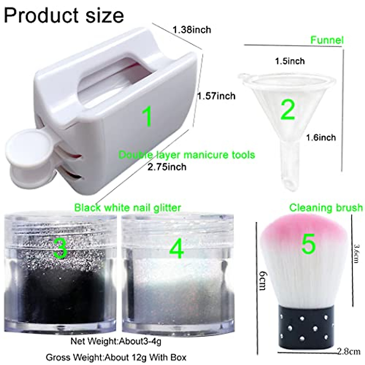 2 Boxes Holographic Nail Glitter Powder White Black Shining Sugar,1 Pieces Dip Powder Recycling Tray System Dip Case,1PCS Soft Nail Art Powder Brush Funnel,Nails Art Decoration DIY Crafts