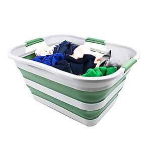 SAMMART 30L(8 gallon) Collapsible Plastic Laundry Basket-Foldable Pop Up Storage Container/Organizer-Portable Washing Tub-Water capacity: 24L(6.3 gallon) (Grey/Dark Sea Green (Set of 2))