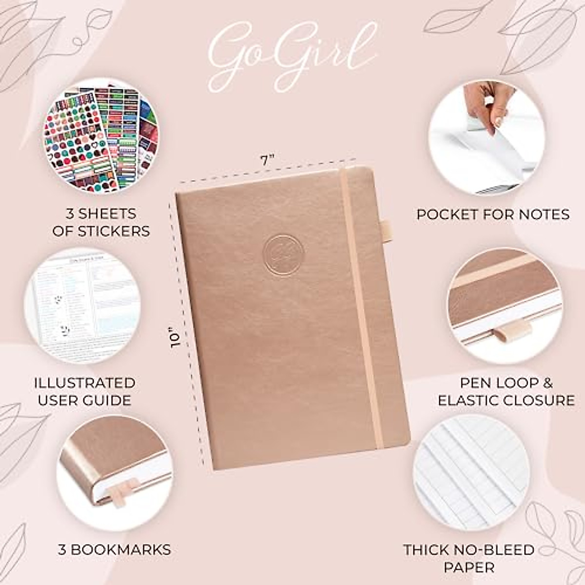 GoGirl Planner PRO Schedule - Undated Planner with Hourly Time Slots, Monthly, Weekly & Daily Organizer, Appointment Book for time Management, 7"x10" Hardcover, Lasts 1 Year - Rose Gold