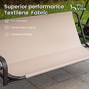 PHI VILLA 3-Seat Porch Swing with Adjustable Canopy,Outdoor Swing Chair with Cup Holders and Removable Cushion,Patio Swing Chair/Bench for Porch, Garden, Poolside, Balcony&Backyard,Beige