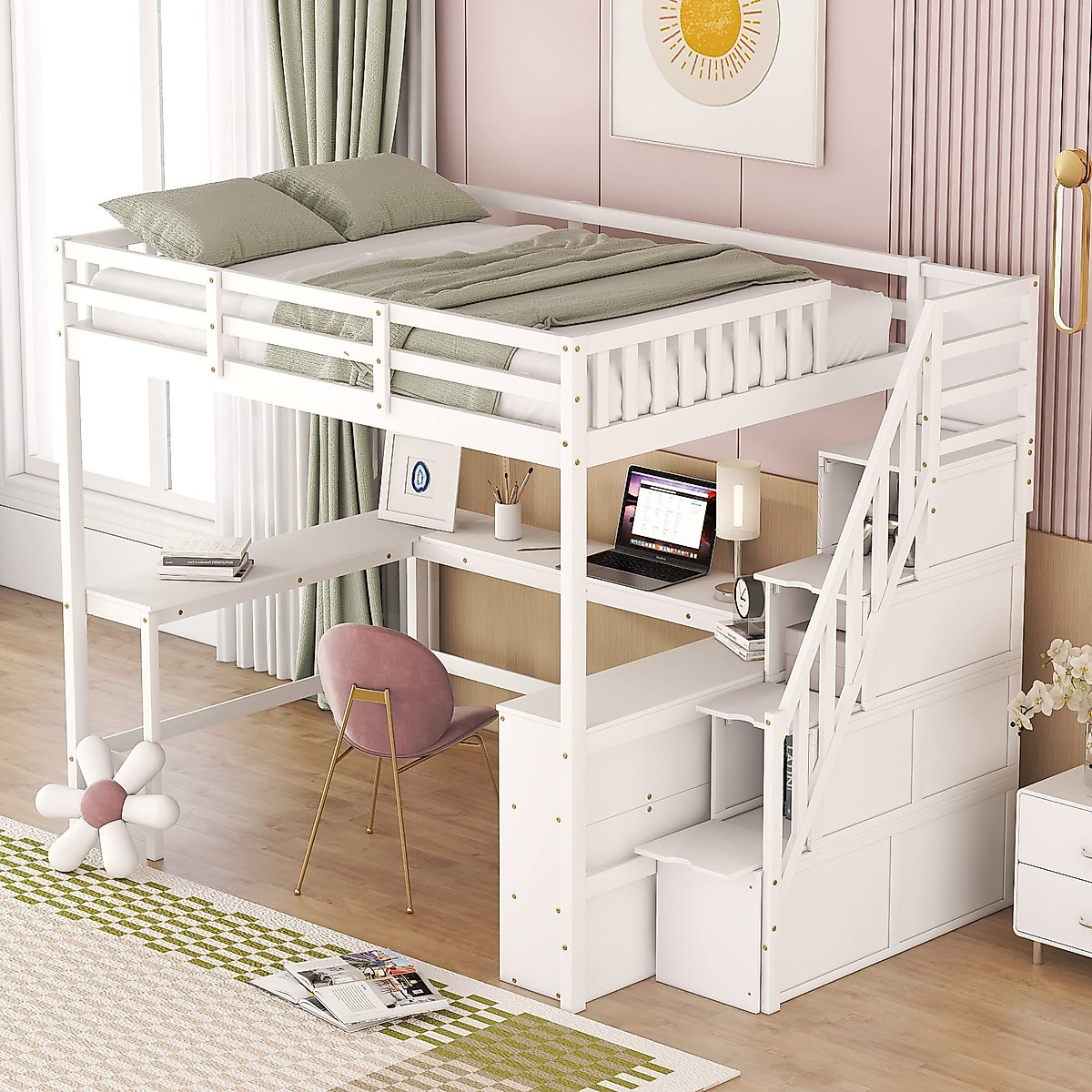 Harper & Bright Designs Full Loft Bed with Desk and Storage Shelves, Wood Full Size Loft Bed with Storage Staircase, High Loft Bed Full with Slat Support for Kids, Boys,Girls,Teens, Adults, White