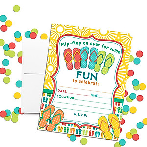 Amanda Creation Flip Flop Birthday Party Fill In Invitations set of 20 with envelopes. Perfect for Summer parties, graduation, family reunions, barbeques and more