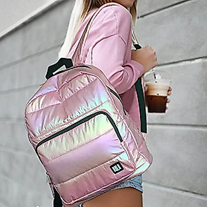 GBLQ PLUS Iridescent Backpack 15 Inch, Super Lightweight Ultra Soft Nylon Shiny Fabric Quilted Casual Daypack Pink