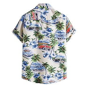 Floerns Men's Casual Tropical Print Button Down Short Sleeve Hawaiian Shirt White Car L