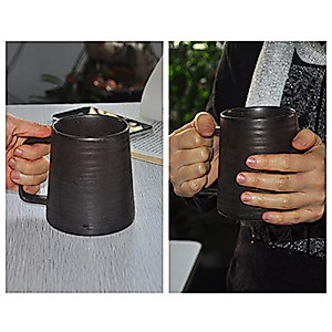 globe faith Large Handmade Pottery Coffee Mug, Unique Matte Metallic Antracite Ceramic Coffee Cup, Annular Texture Big Handle Clay Tea Mug for Home, Office or Gifts, Microwave & Dishwasher Safe,16 oz