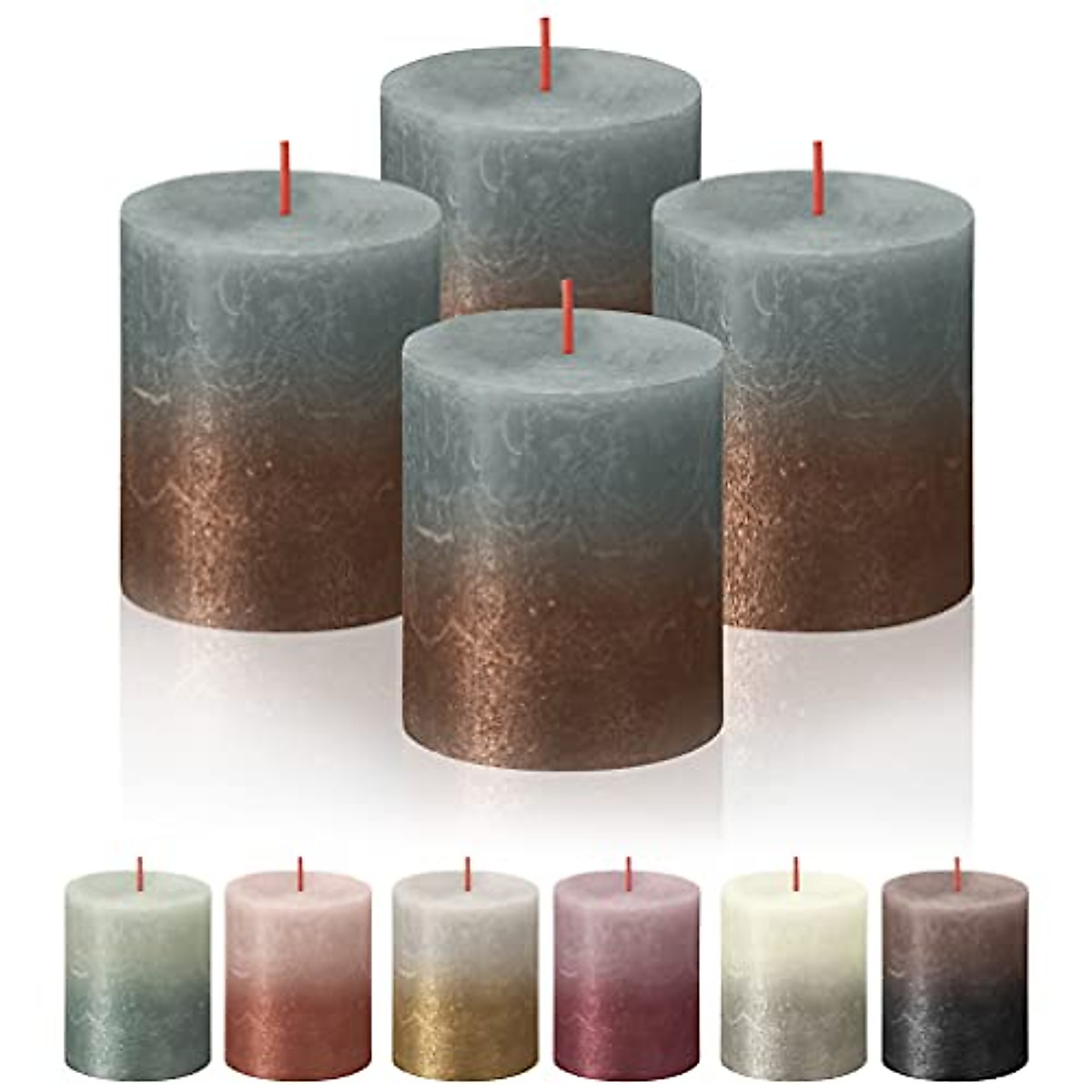 BOLSIUS 4 Pack Eucalyptus Green/Copper Sunset Rustic Metallic Pillar Candles - 2.75 X 3.25 Inches - Natural Eco-Friendly Plant-Based Wax - Unscented Dripless Smokeless 35 Hour Quality European Candles