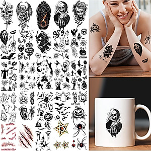 52 Sheets Black Temporary Tattoos for Kids Men and Women, Include 10 Sheets Large Half Arm Sleeve Fake Tattoos, 200+ PCS Spider Scorpion Snake Tiger Lion Skull Bat Vampire Scar Fake Tattoo Sticker