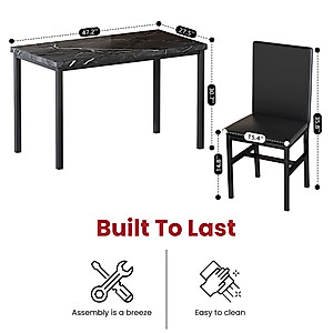 Recaceik Dining Table Set for 4, Kitchen Table and Chairs Set with Faux Marble Tabletop & 4 Leather Upholstered Chairs for Kitchen Dining Room, Compact Space, Dinette Set, Black+Black