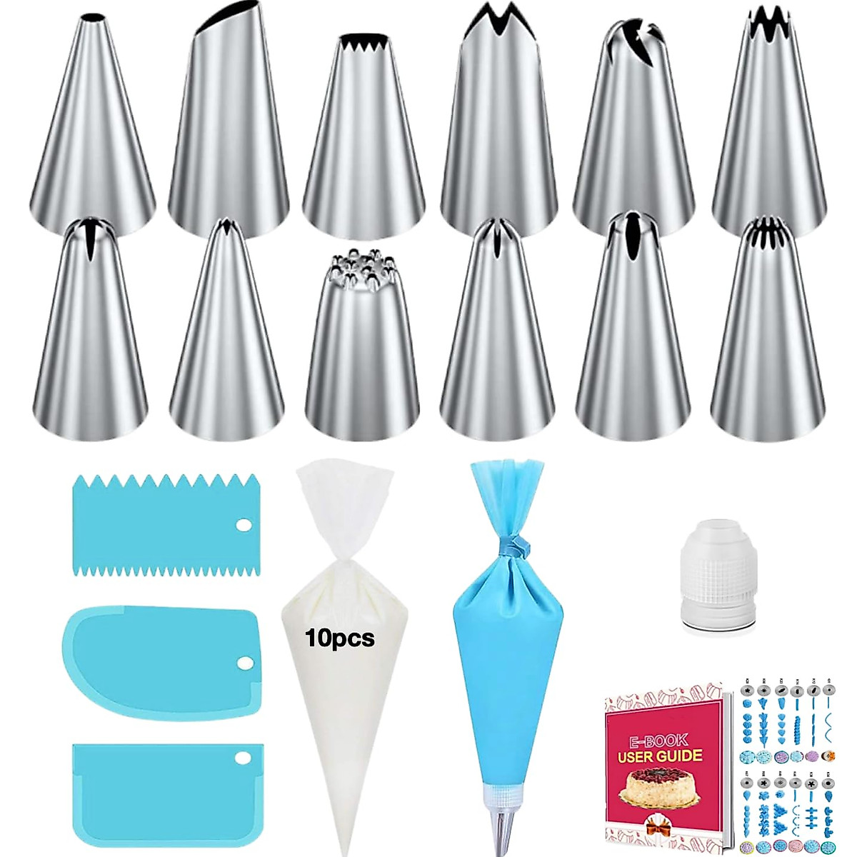 Tingjia Piping Bags and Tips Set, Cupcake Piping Tips Cake Decorating Kit with 12 Cake Frosting Icing Tips, 11 Pastry Bags, 3 Cake Scrapers, 1 Reusable Couplers for Baking