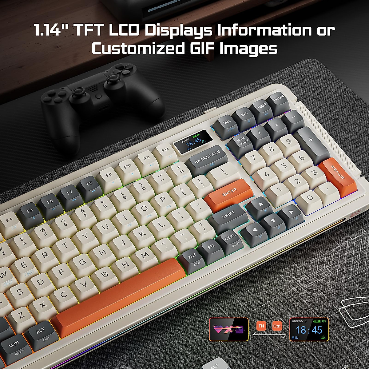 ROYALAXE L98 Wireless Mechanical Keyboard with 1.14” TFT LCD, Hot-swappable RGB Keyboard w/Gateron G Yellow Pro Switches, Bluetooth/2.4G/Wired, Gasket Mount, PBT Keycaps, Pebble White