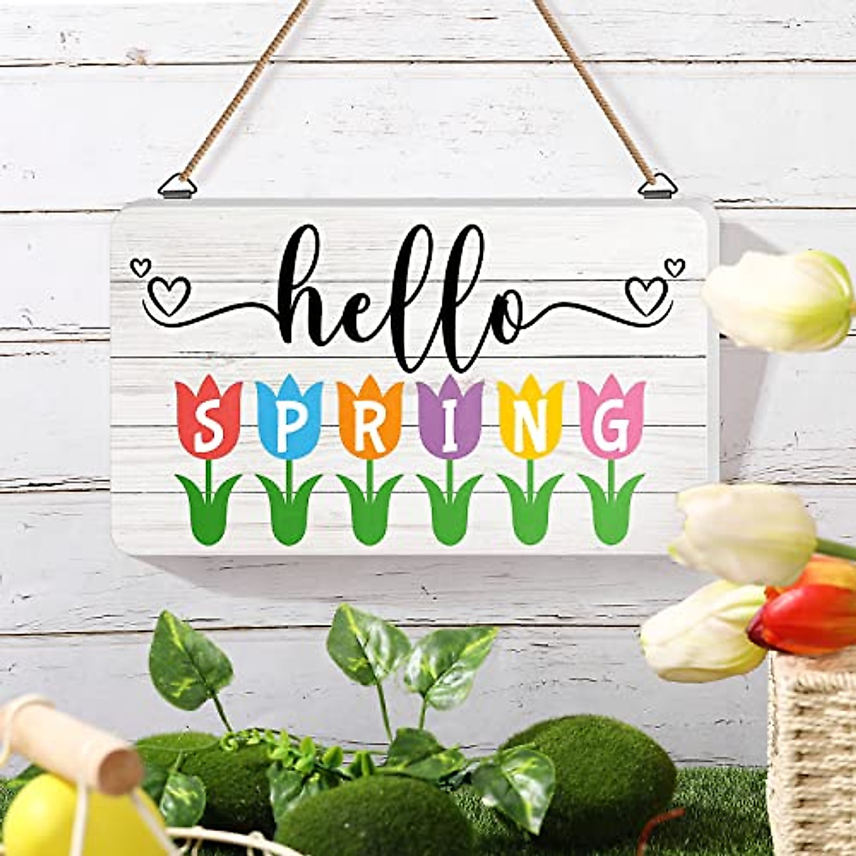 Hello Spring Wood Sign Farmhouse Tulips Spring Decor 9 x 5.3 Inch Spring Table Centerpiece Freestanding Wall Table Decor Wooden Cutout Tulips Spring Decoration for Home Dining Room (Spring)