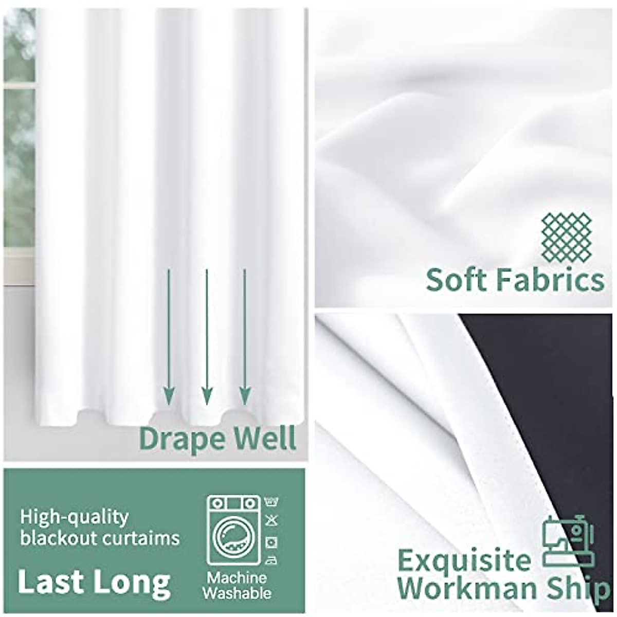 QUEMAS 100% Blackout Curtains for Bedroom 63 inch Length 2 Panels, Full Light Blocking Drapes with Black Liner, Thermal Insulated Grommet Window Curtains for Living Room, Each 42 x 63 Inch, Pure White