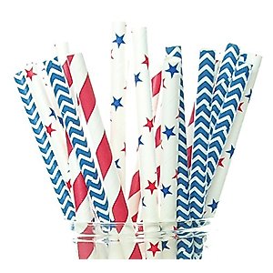 Patriotic USA Stars & Stripes Red, White & Blue Straws (Pack of 50) - 4th of July Party Supplies, Military Homecoming/Farewell Party Decorations