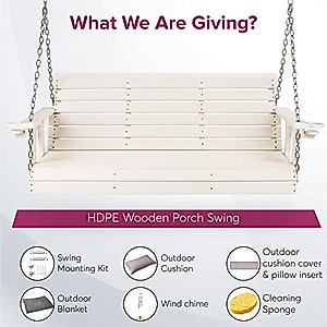 XETALE HDPE White Wood Porch Swing - 59x24.8x18.5 - Outdoor Hanging Bench Swings for Adults - Home Furniture for Deck, Patio, Den, Yard - Polywood Material, Accessories Included - Max Weight 880lbs