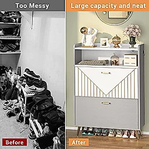 Aheaplus Shoe Cabinet with Flip Doors, Shoes Storage Organizer with Motion Sensor Led Light, Entryway Wood Freestanding Tipping Bucket Shoe Rack with Open Shelves for Closet,Living Room, Grey&White