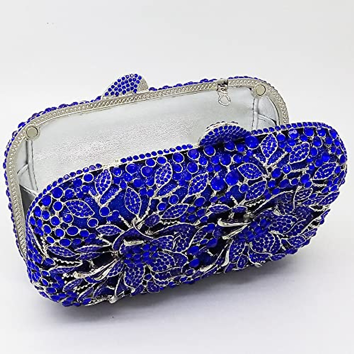 Boutique De FGG Double Flowers Women Crystal Clutch Evening Bags Wedding Party Rhinestones Handbags and Purses (Fit For Iphone 8,Blue)
