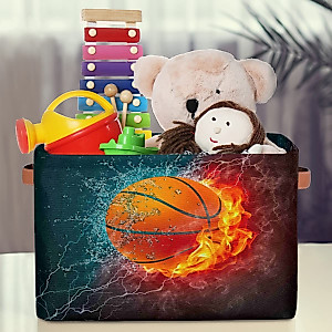 Firey Basketball Storage Basket Cube Sport Ball Large Toys Storage Box Bin with Handle Collapsible Closet Shelf Cloth Organizer for Nursery Bedroom,15x11x9.5 in,1 Pack