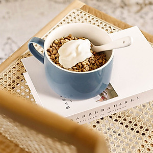 Wareland Soup Bowls with Handles & Spoons, 30oz Ceramic Ramen Bowl with Lid, Large Soup Mugs/Cups for Instant Noodle, Big Cereal Bowls for Oatmeal, Soup Containers with Lids, Set of 2, Sky Blue