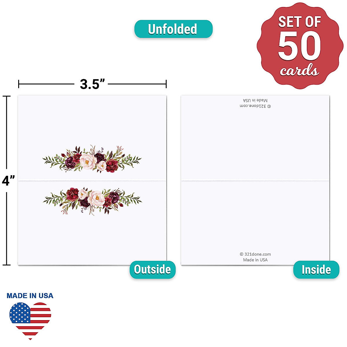 321Done Floral Place Cards 3.5x2, Made in USA - Blank for Name Food Table Setting Dinner Party Seating Wedding Reception Buffet Tent Style Rustic Red Roses on White - Set of 50
