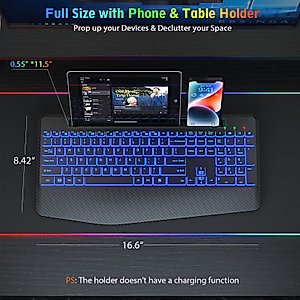 SABLUTE Wireless Keyboard with 7 Colored Backlits, Wrist Rest, 2.4G Computer Gaming Keyboard with Phone Holder, Rechargeable Full Size Ergonomic Keyboard with Silent Keys for MacBook, PC, Laptop