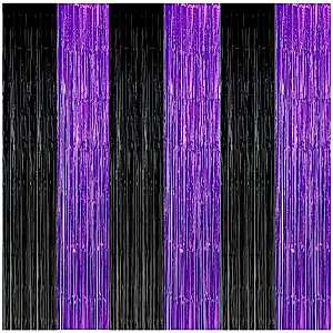 Graduation Decorations 2024 Purple Black Foil Fringe Backdrops, Black Purple Party Decorations Streamer Tinsel Curtains for Graduation Birthday Halloween Party(3 Pack)