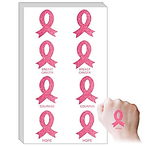 30 Sheets/240 Pcs Breast Cancer Awareness Tattoos Stickers- Pink Ribbon Temporary Tattoos- Waterproof Breast Cancer Glitter Fake Tattoos for Women Girls Fundraising Event Party Face Body Tattoos