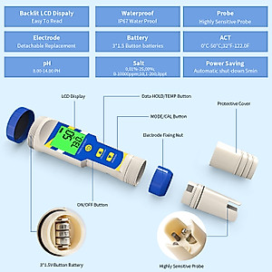 Yewhick Pool Salt Tester, Digital Salinity Tester for Saltwater Aquarium, 5 in 1 pH and Salinity Meter for Saltwater Pool, High Accuracy Salt Meter for Pool, Aquarium, Koi Fish Pond,Hot Tub, Spas