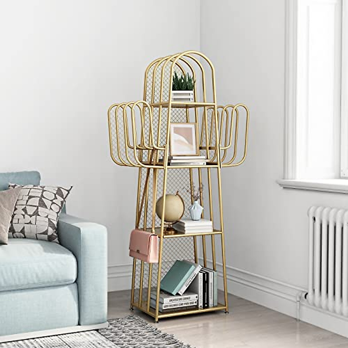 DOORXIF 4-Tier Gold Bookshelf Freestanding, Cactus Bookcase 4 Cube Storage Organizer Closet Metal Display Cabinet, Corner Bookshelf for Small Spaces, Gold Bookcase for Bedroom Office
