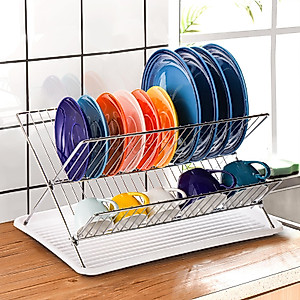Youeon Foldable Dish Drying Rack with Drainboard, Stainless Steel 2 Tier Dish Drainer Rack, Collapsible Dish Drainer, Folding Dish Rack for Kitchen Sink, Countertop, Cutlery, Plates, Dishes