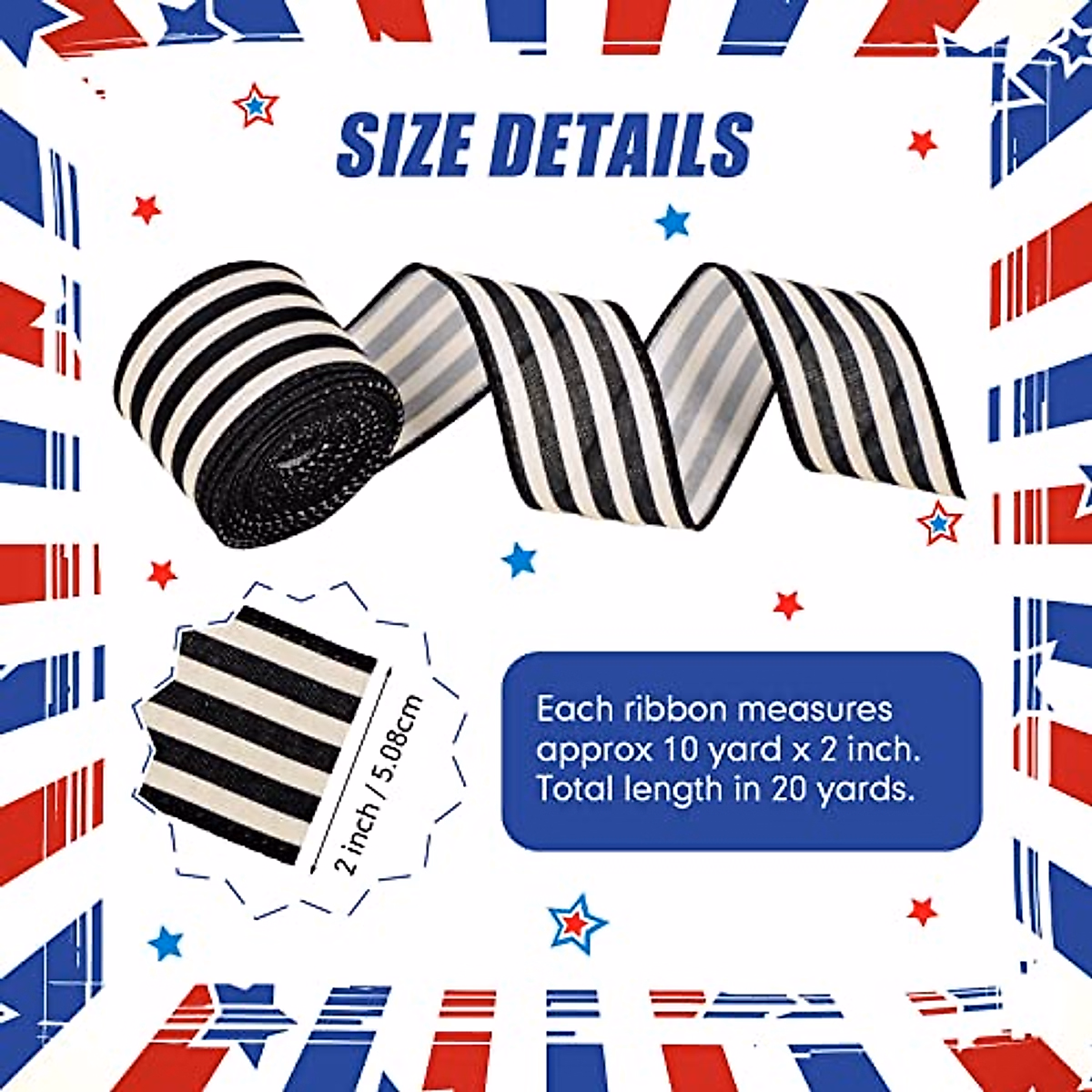 2 Rolls 20 Yard Black and White Stripes Wired Edge Ribbon Rustic Ivory Ribbon Boho Ribbon for DIY Crafts Home Decor Gift Wrapping Bow Wreath Making Christmas Wedding Party Decorations (2 Inch)