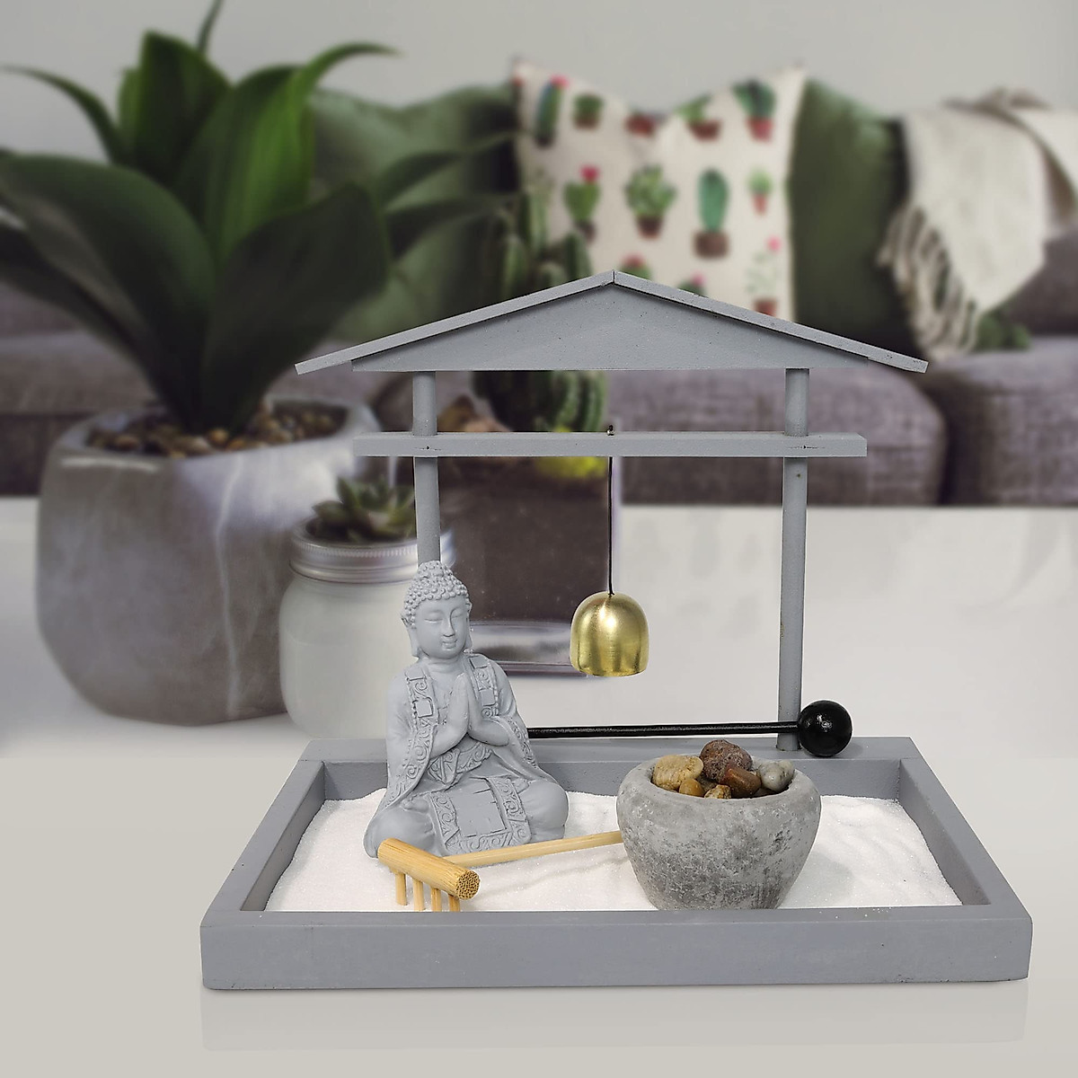 Gray Japanese Zen Garden Sand Box with Miniature Gold Bell Design - Mini Buddha Statue in Sand - Perfect Meditation Gifts for Relaxation and Mindfulness - Perfect Home and Office Decor