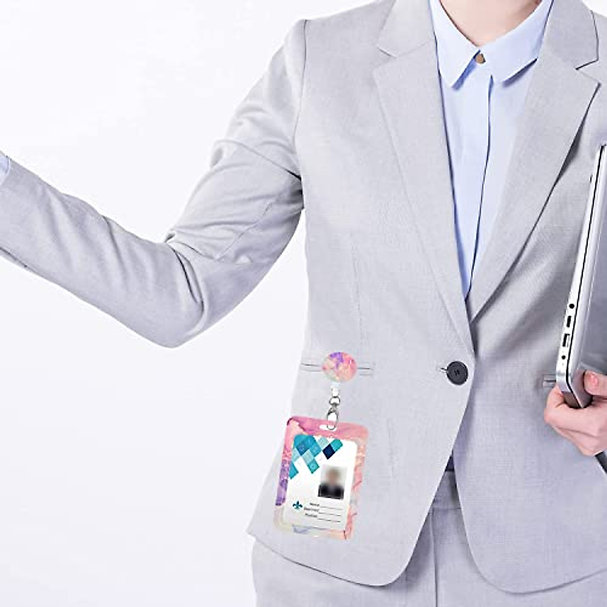 Badge Reels Retractable with Carabiner Reel Clip, Worker Badge Holder Belt Ferrule, Identity ID Badge Holder Case, Nurse Doctor Office School Teacher Name Credit Card Pocket (H-Marble Purple Pink)