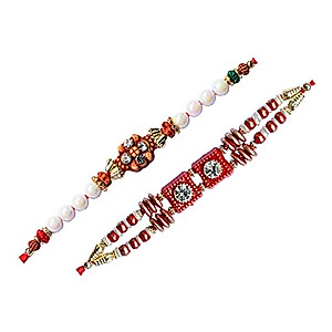 Purpledip Rakhi Set in Designer Shagun Envelope for Brother: Roli Chawal Tika & 2 Rakshabandhan Bracelets (rakhi39r)