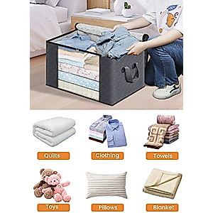 BlissTotes Storage Clothing Bags Storage Clothes Organizer with Reinforced Handle Sturdy Fabric Clear Window for Blankets, Bedding, Collapsible with Sturdy Zipper, 6 Pack, 60L, Grey