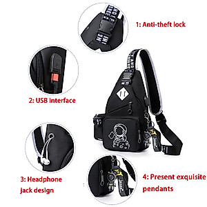 CUSALBOY Fashion One-Shoulder Backpack Youth Leisure Backpack With USB Port Earphone Hole, Cartoon Luminous Pattern Backpack (black 6)