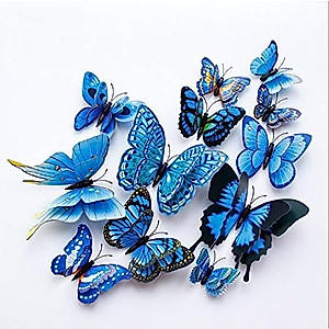 WOIWO 12PCS 3D Stereo Double Layer Simulation Butterfly Creative Home Living Room Decoration A Generation Of PVC Color Butterfly Wall Stickers.(Blue Double, Magnetic With Glue.)