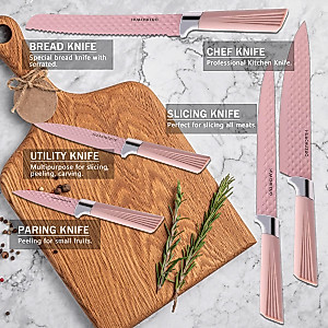 KoudHug Kitchen Knife Set, 9 pieces Pink Knife Set with Acrylic Block Cutting Board & Sharpener, High Carbon Stainless Steel Chef Knife Block Set for Cutting Slicing Dicing Chopping, Nonstick Coating