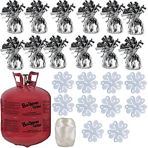 Balloon Time Disposable Helium Tank 14.9 cu.ft - 12 Silver Balloon Weights + Curling Ribbon and Flower Clips
