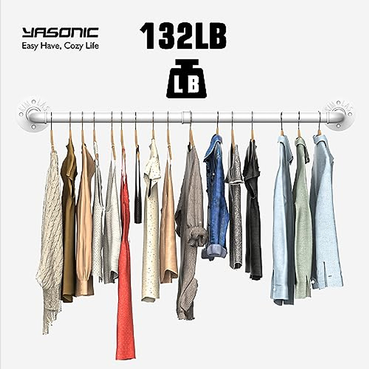 HYSEYY Industrial Pipe Wall Mounted Garment Rack,Space-Saving,Heavy Duty Detachable Garment Bar, Multi-Purpose Hanging Rod for Closet 2 Base