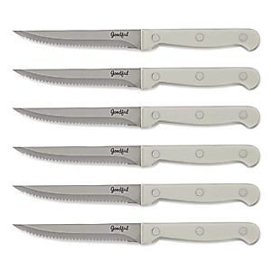 Goodful Premium Cutlery Steak Knife Set, High Carbon Stainless Steel, Full Tang, Triple Riveted Handles, 6-Piece, Cream