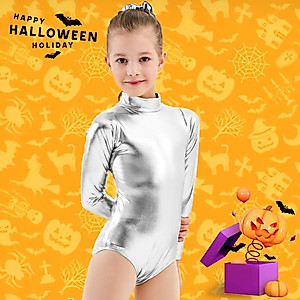 Javly Kids Girls Lycra Shiny Metallic Zipper Back Turtleneck Dance Leotard, Sliver, Medium